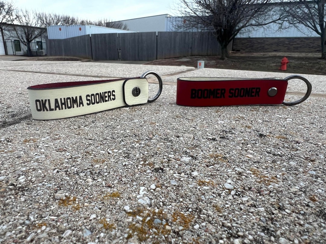 Oklahoma Boomer Sooner Crimson Cream Football Leather Keychain ...