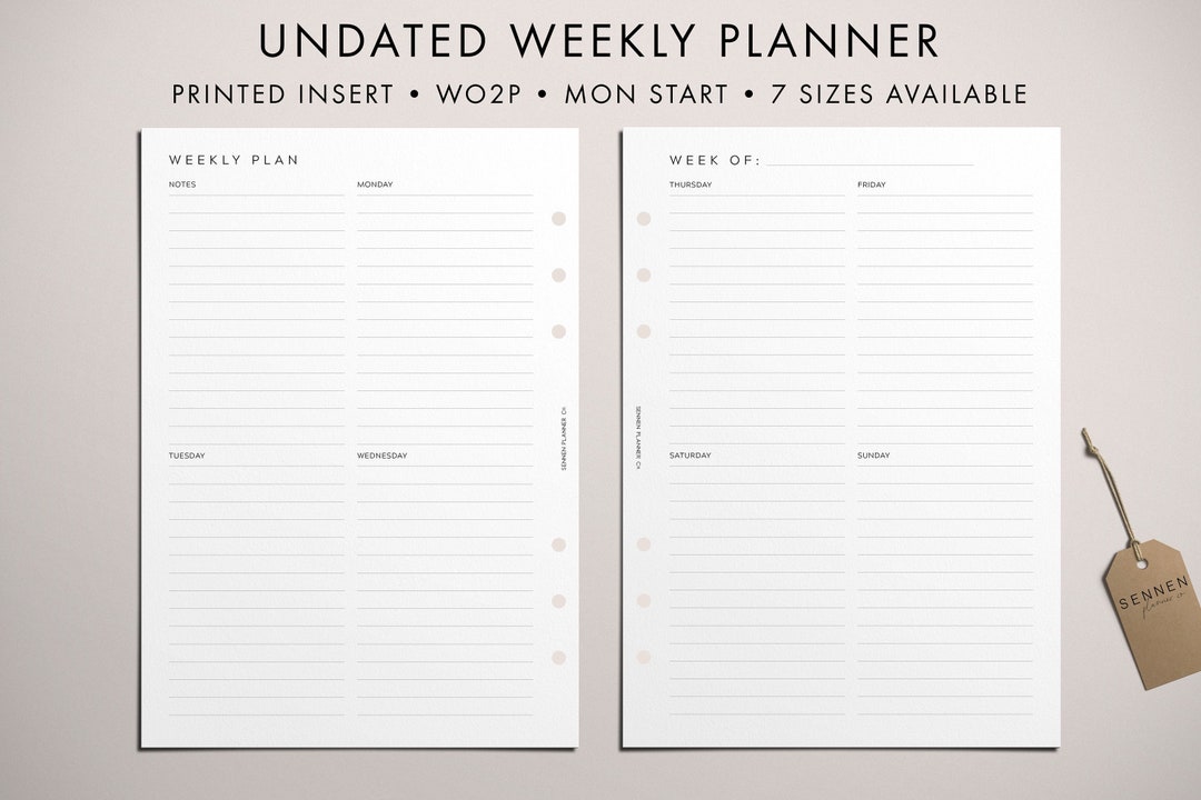 PRINTED Undated Weekly Planner Insert, MON START, Week on Two Pages, WO2P, to Do List, Vertical ...