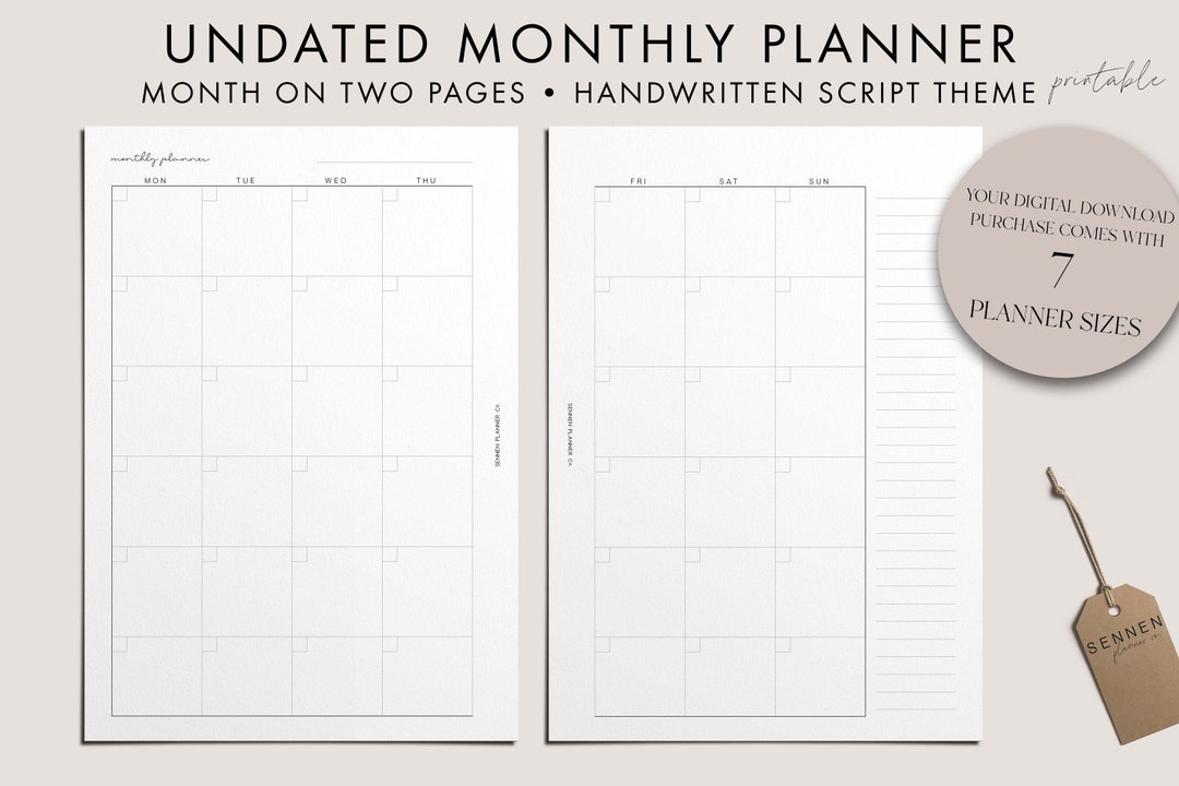 Undated Monthly Planner, PRINTABLE, Month on Two Pages, MO2P, Classic ...