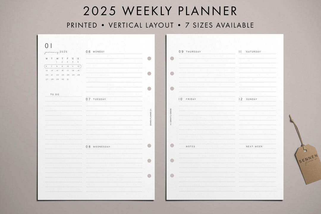 PRINTED 2025 Weekly Planner Insert, Vertical Layout, Week on Two Pages ...
