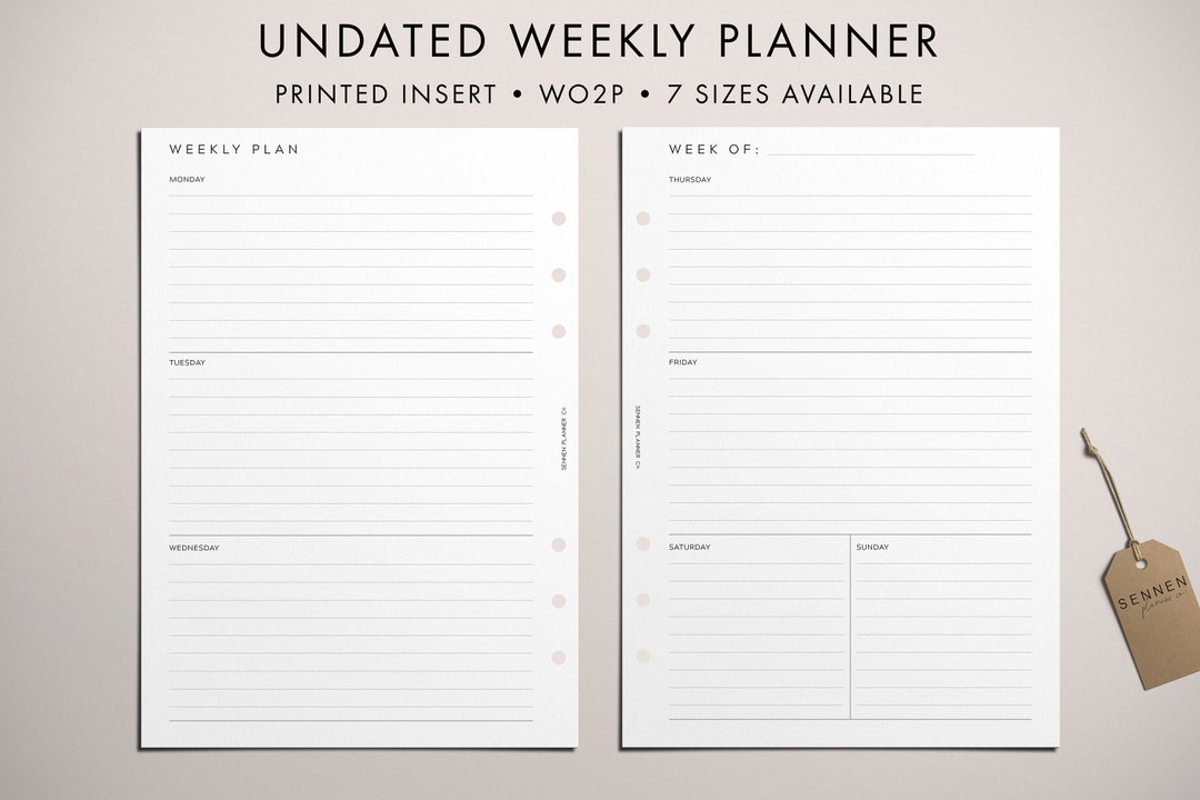 PRINTED Undated Weekly Planner Insert, Week on Two Pages, WO2P, to Do ...