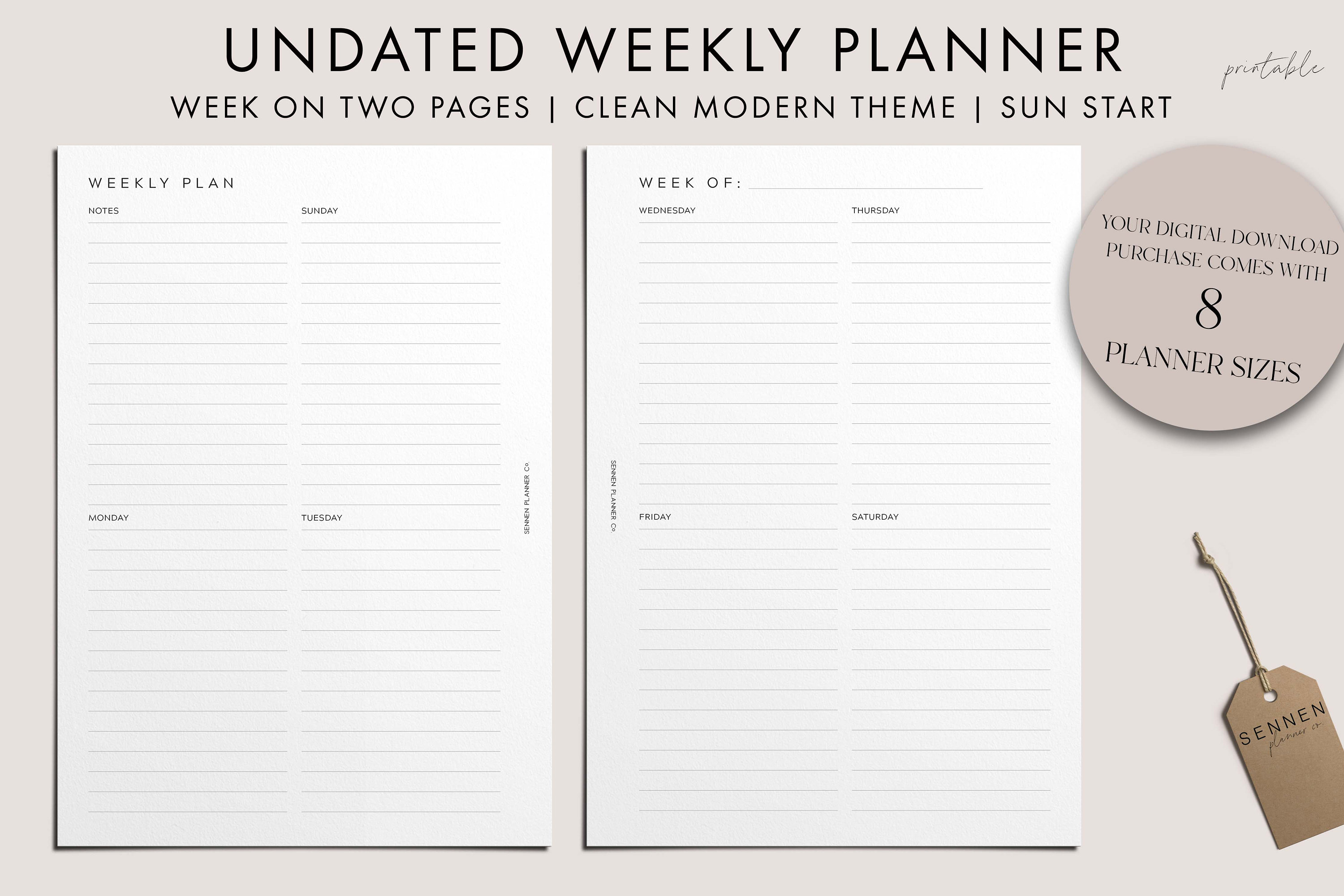 Undated Weekly Planner PRINTABLE Week on Two Pages to Do - Etsy