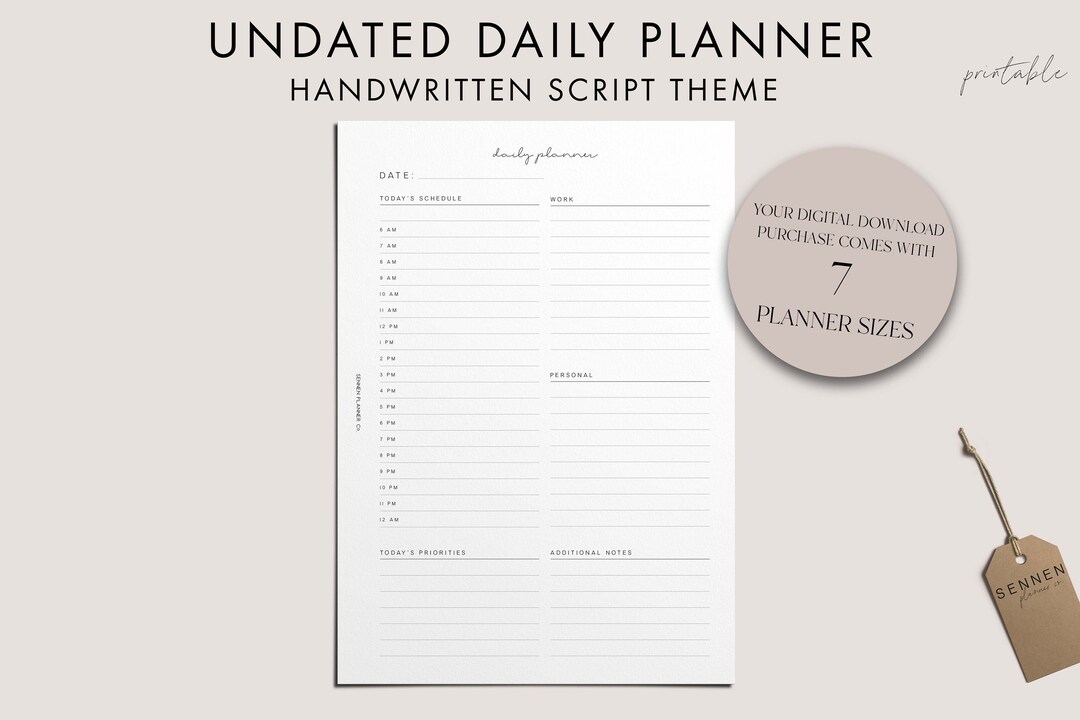 Undated Daily Planner, PRINTABLE, Hourly Planner, Day on One Page, to ...