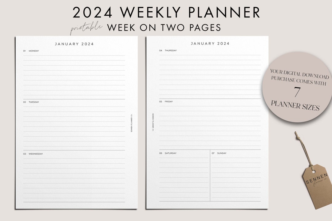 2024 Weekly Planner, PRINTABLE, Week on Two Pages, Horizontal, A5 ...