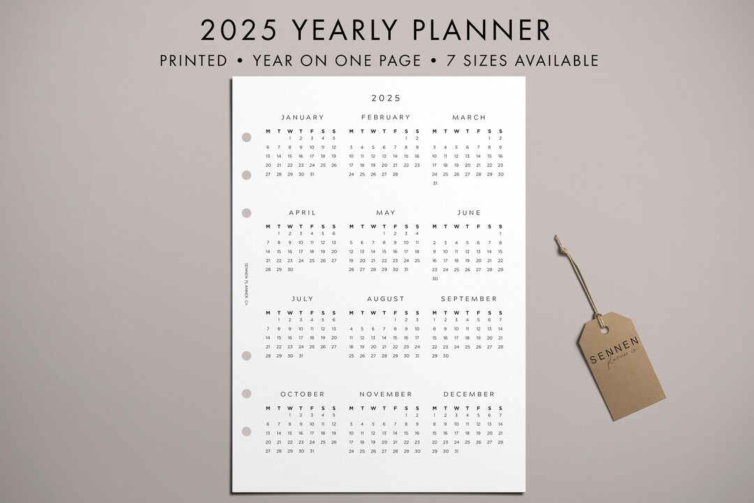 PRINTED 2025 Yearly Planner Insert, 2025 Calendar, Year on One Page ...