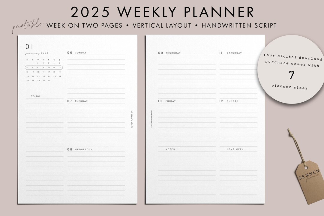 2025 Weekly Planner, PRINTABLE, Week on Two Pages, Vertical Box, A5 ...