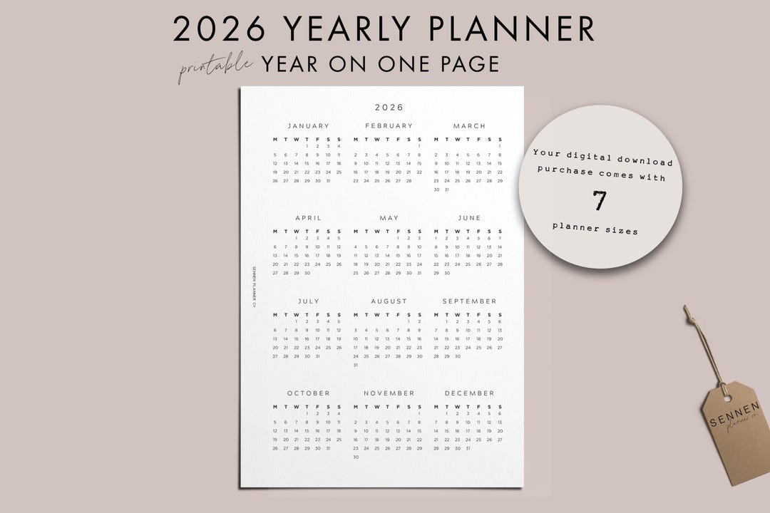 2026 Yearly Planner, PRINTABLE CALENDAR, Includes Sun & Mon Start, Year ...