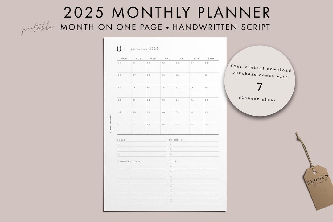 2025 Monthly Planner, PRINTABLE, Classic Calendar Style, Month on 1 ...
