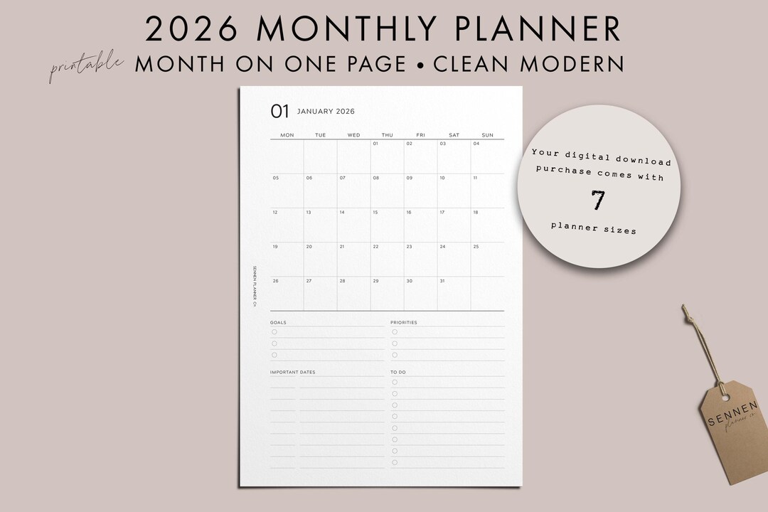 2026 Monthly Planner, PRINTABLE, Classic Calendar Style, Month on 1 ...