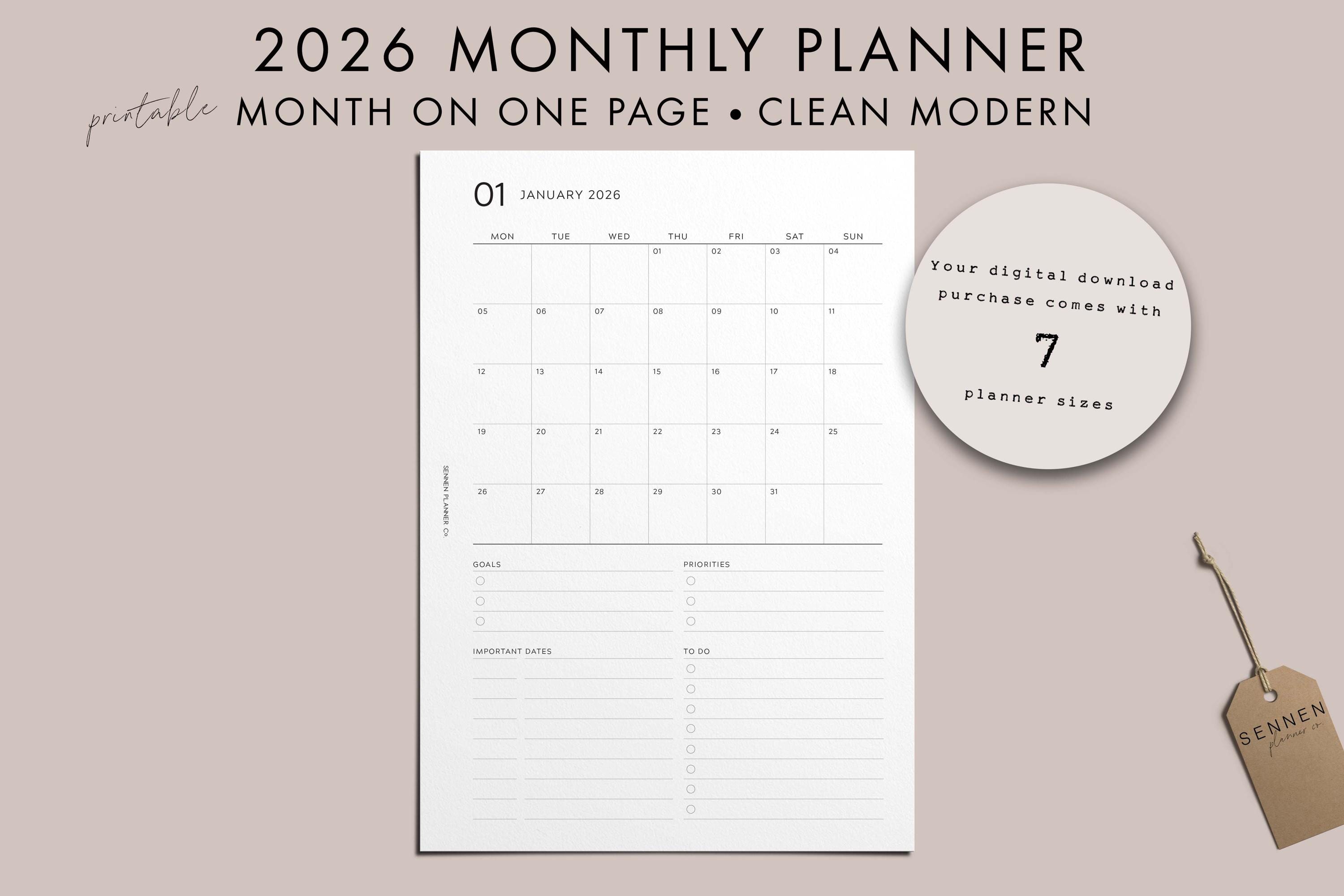 2026 Monthly Planner, PRINTABLE, Classic Calendar Style, Month on 1 ...