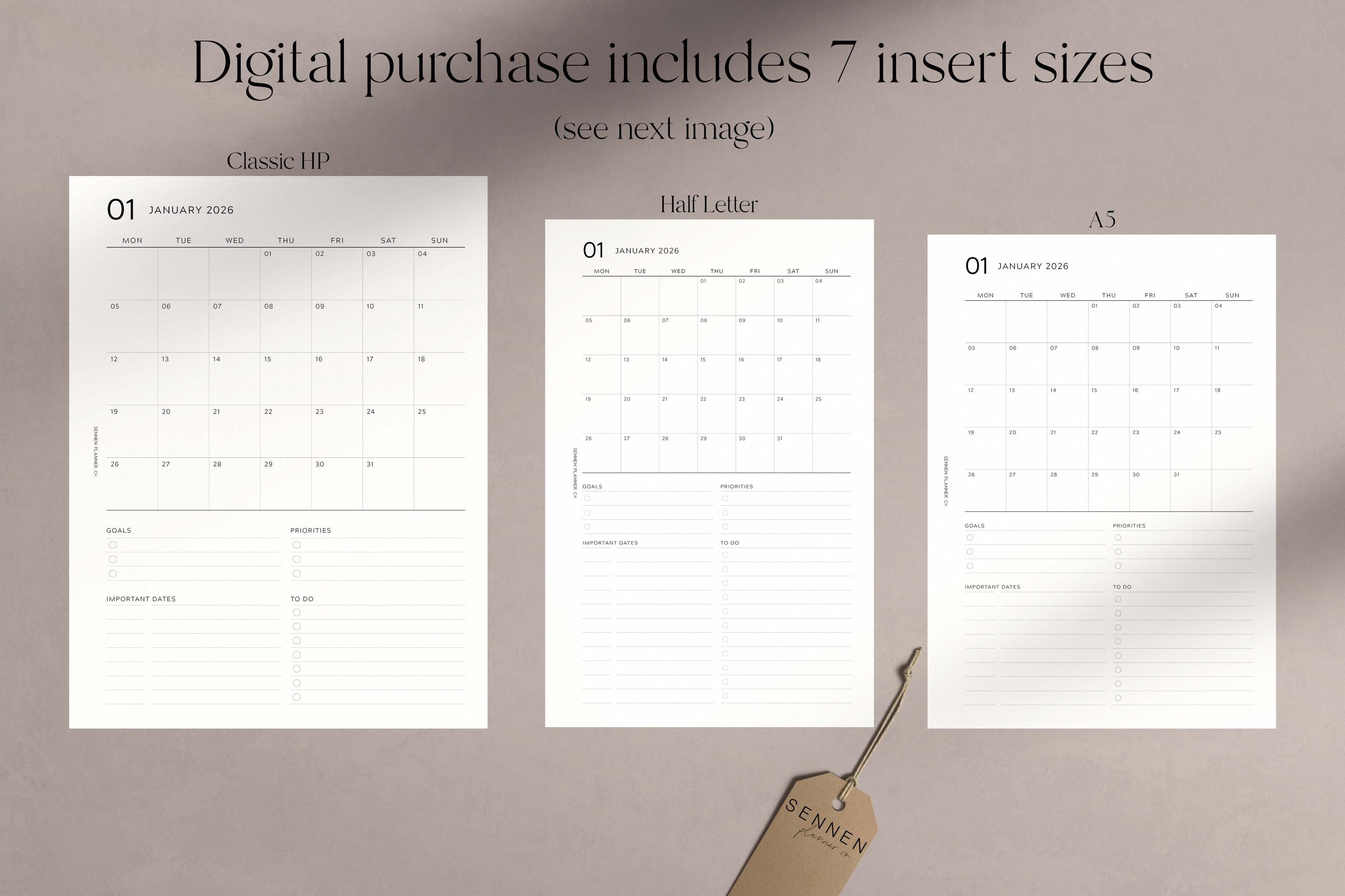 2026 Monthly Planner, PRINTABLE, Classic Calendar Style, Month on 1 ...
