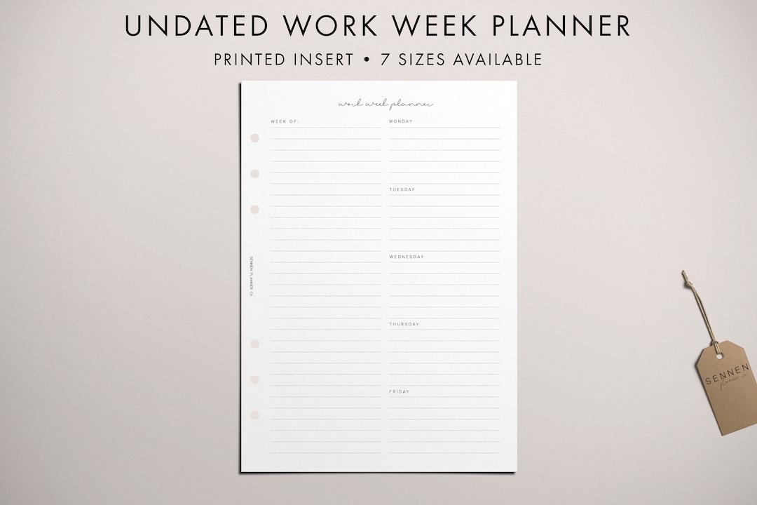 PRINTED Undated Work Week Planner Insert, Mon-fri, Week on One Page ...