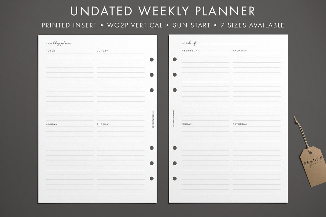 PRINTED Undated Weekly Planner Insert, SUN START, Week on Two Pages ...