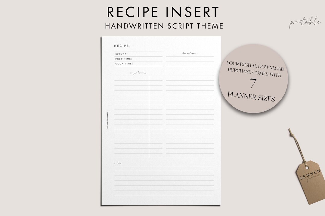 Recipe Page PRINTABLE Insert, A5/happy Planner/half Letter/mini Hp ...
