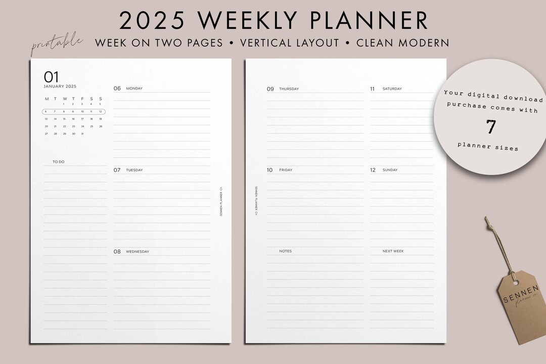 2025 Weekly Planner, PRINTABLE, Week on Two Pages, Vertical Box, A5 ...