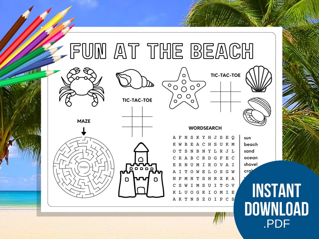 Beach Summer Coloring Place Mat - Printable Activity Table Mat for Kids ...