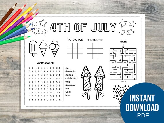 4th of July Coloring Place Mat Printable Activity Table Mat | Etsy