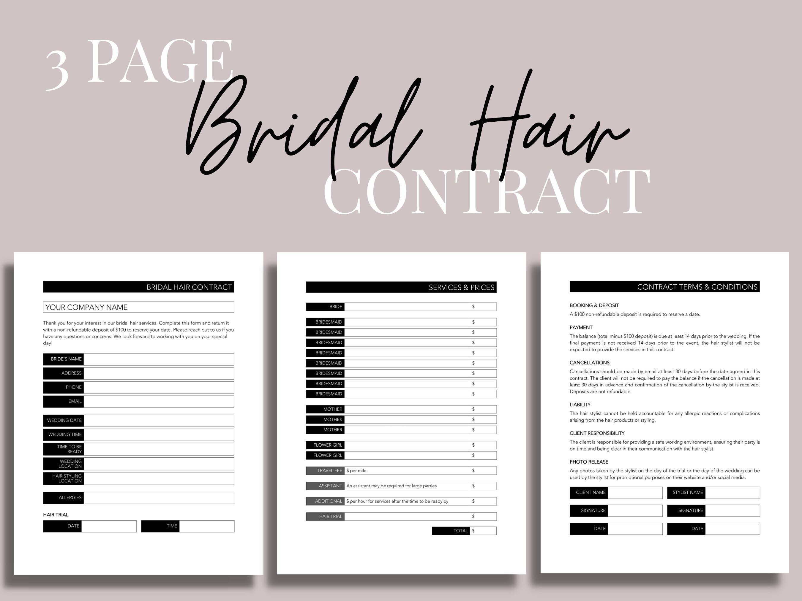 Bridal Contract for Hairstylist, Wedding Hairstylist Contract, Bridal ...