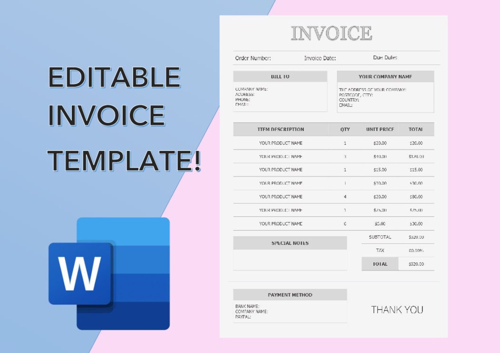 Factura Plantilla de factura Palabra de plantilla de - Etsy España