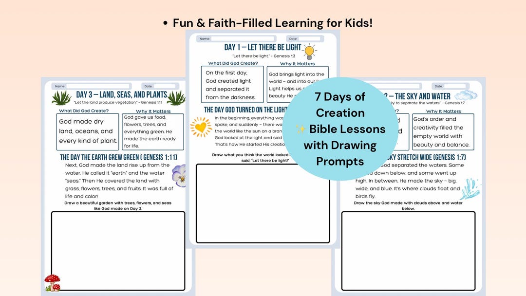 7 Days of Creation Bible Lessons for Kids With Drawing Prompts Fun ...