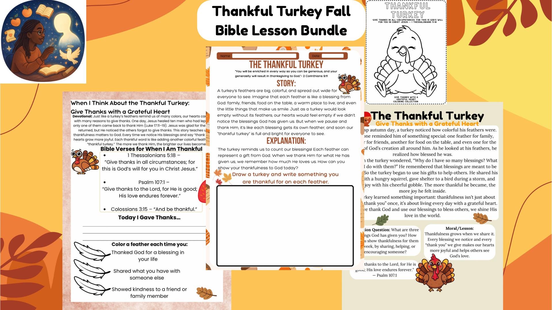 Thankful Turkey Bible Lesson Bundle Printable Thanksgiving Kids ...