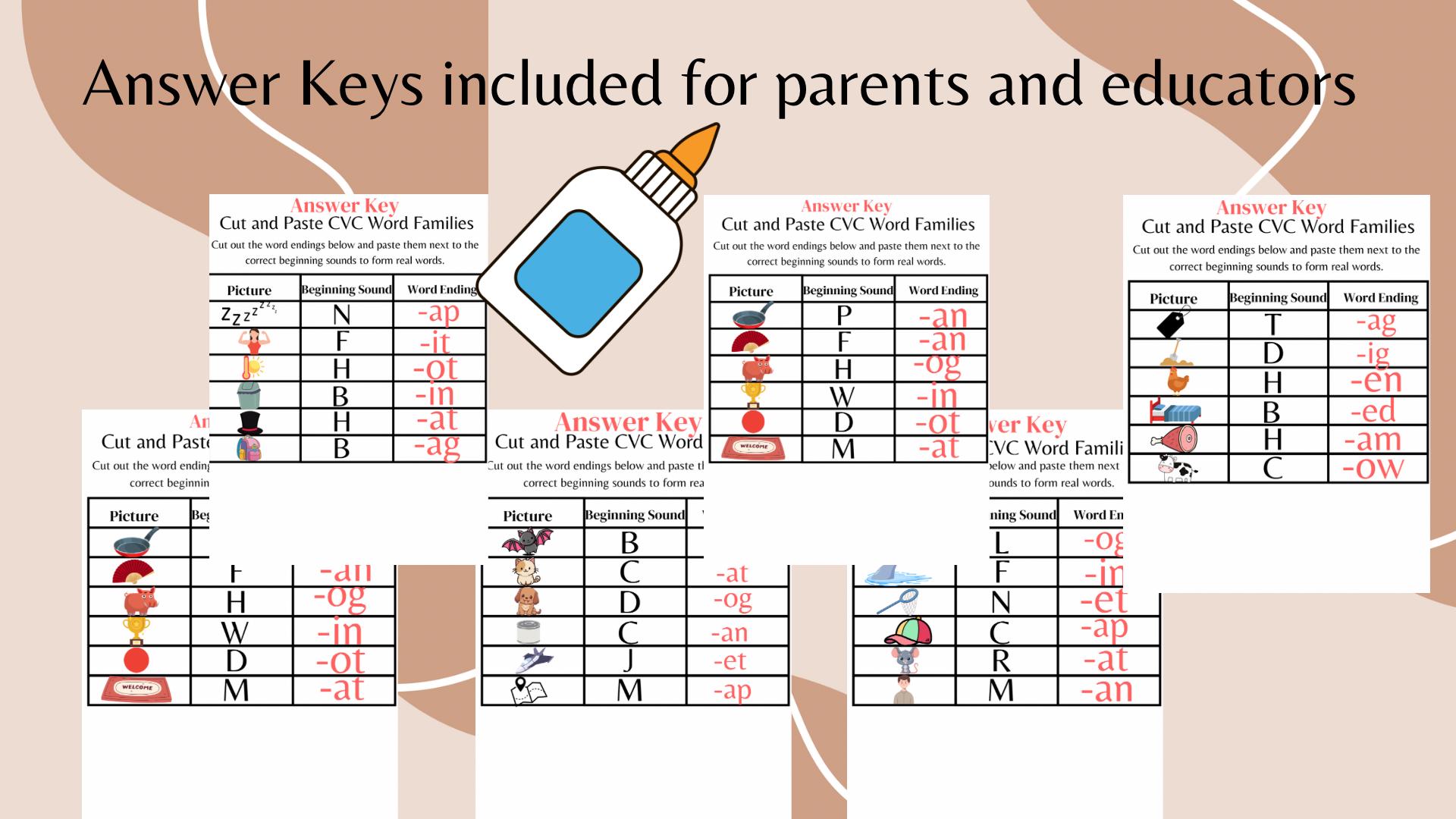CVC Word Family Worksheets for Kindergarten | Cut and Paste Phonics ...