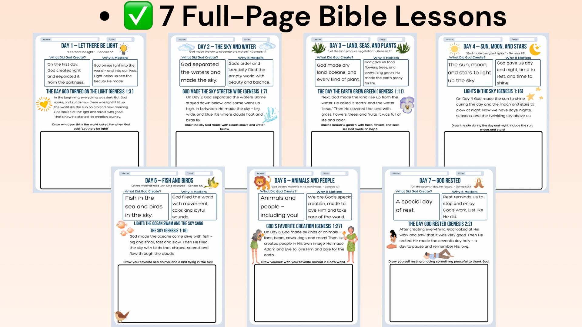7 Days of Creation Bible Lessons for Kids With Drawing Prompts Fun ...