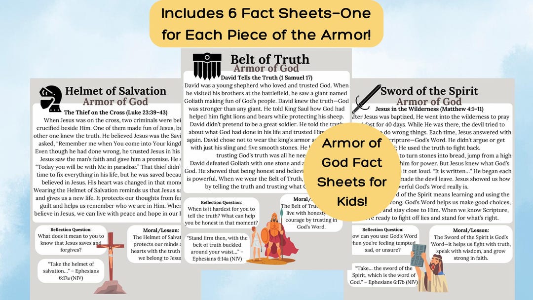 Armor of God Bible Lessons for Kids Christian Fact Sheets With Stories ...