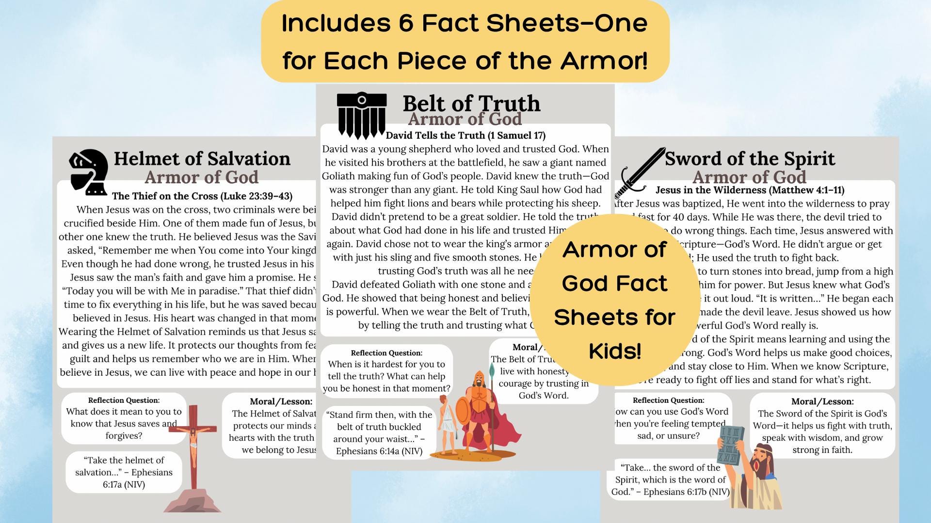 Armor of God Bible Lessons for Kids Christian Fact Sheets With Stories ...