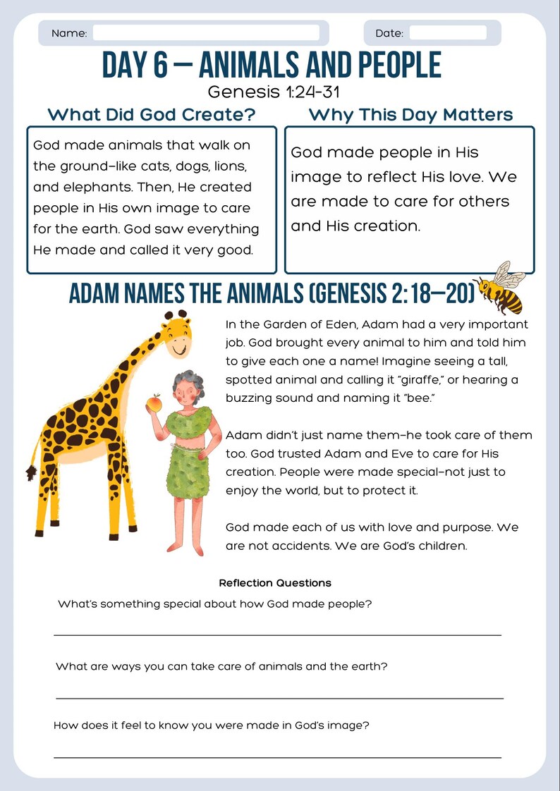 7 Days of Creation Bible Lessons for Kids With Reflection Questions ...