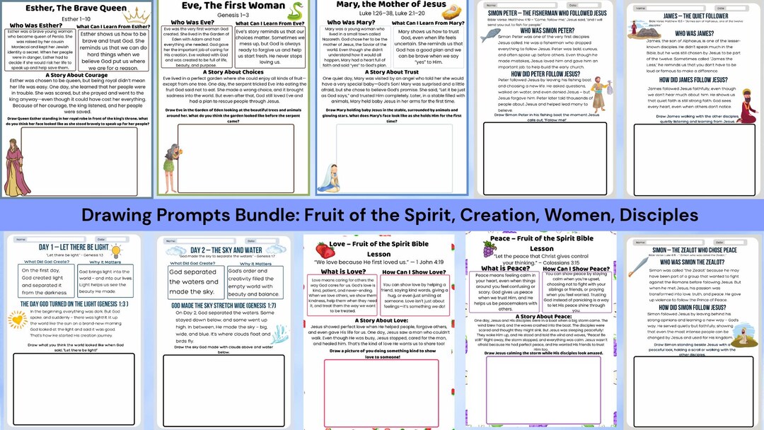 Bible Drawing Prompt Bundle Fruit of the Spirit 7 Days of Creation ...
