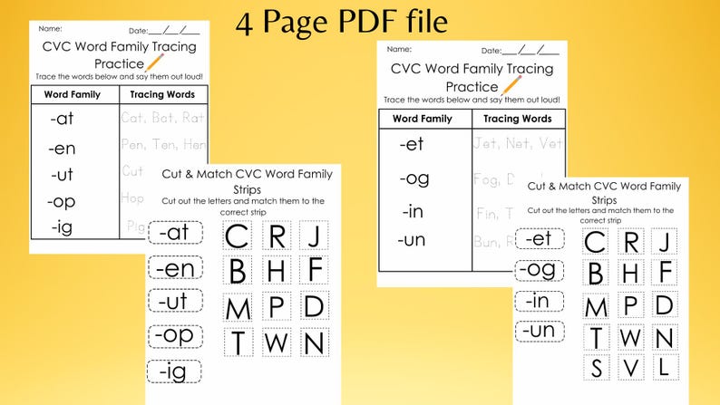 CVC Word Families Cut & Match Worksheets | Phonics Tracing Activity - Etsy