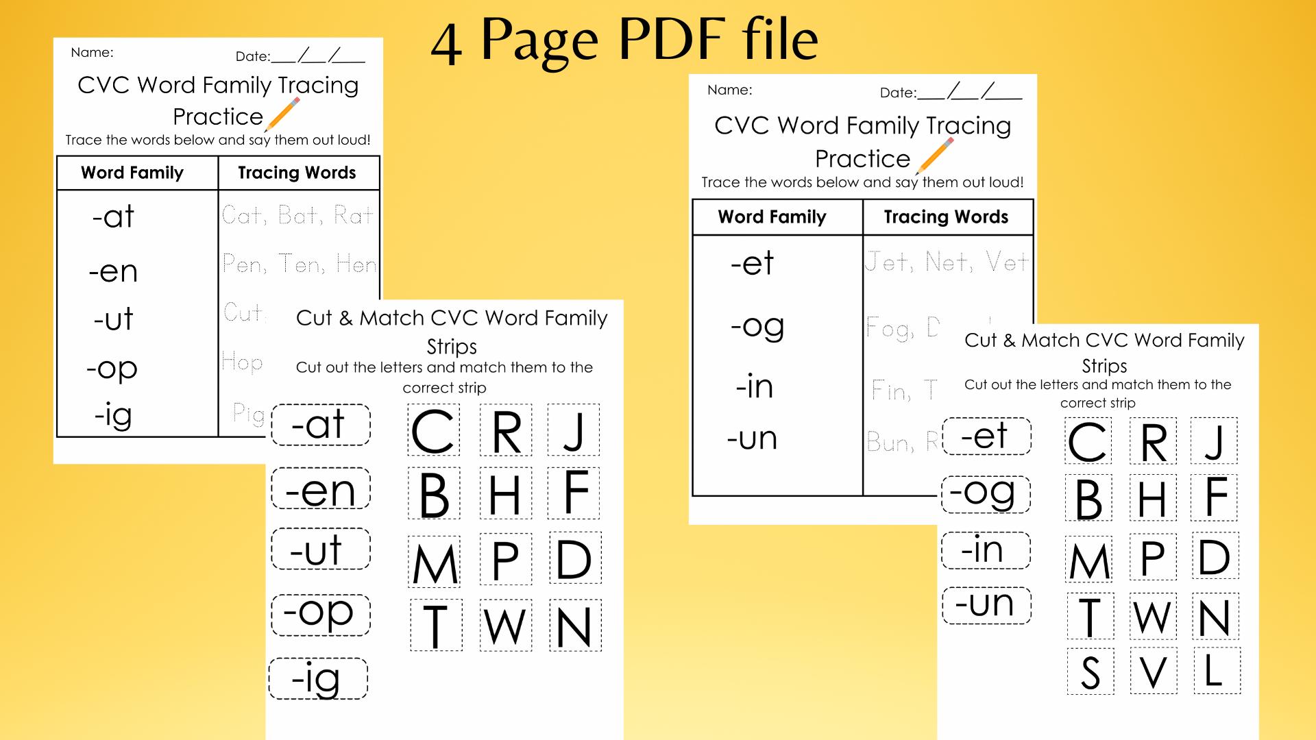 CVC Word Families Cut & Match Worksheets | Phonics Tracing Activity - Etsy