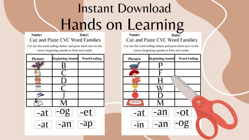 CVC Word Family Worksheets for Kindergarten | Cut and Paste Phonics ...