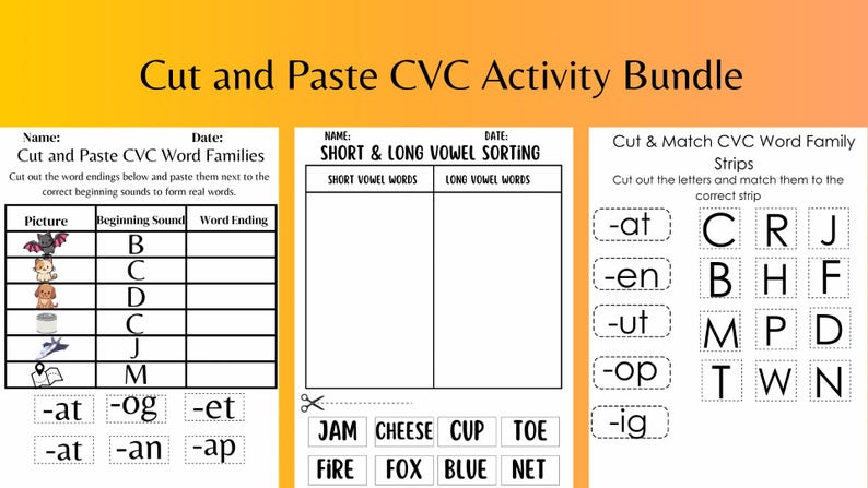 Phonics Cut-and-paste Bundle | CVC Word Families & Vowel Sorting ...