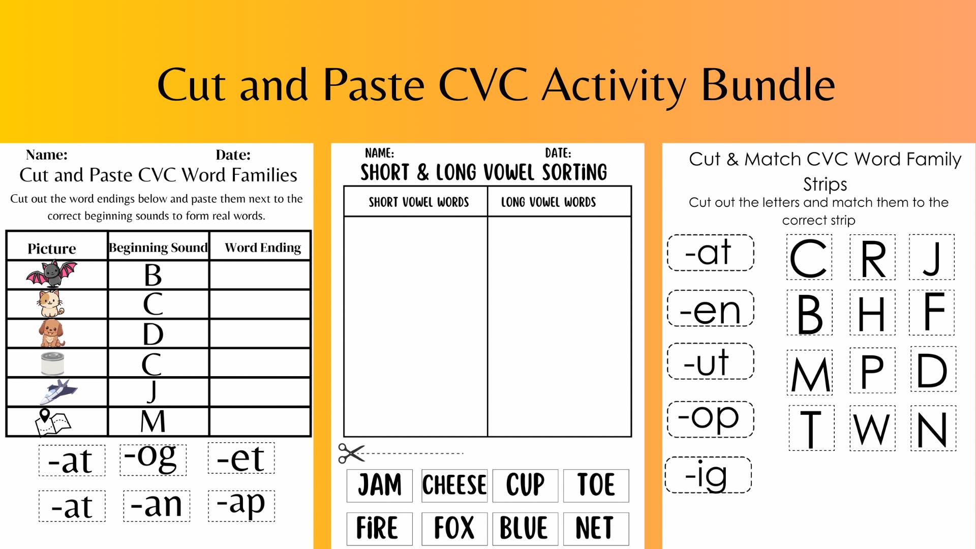 Phonics Cut-and-paste Bundle | CVC Word Families & Vowel Sorting ...