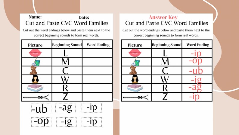 CVC Word Family Worksheets for Kindergarten | Cut and Paste Phonics ...