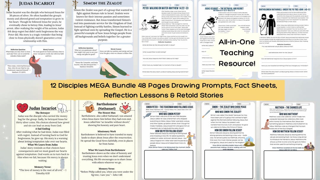 12 Disciples Mega Bundle Bible Lessons Drawing Prompts Fact Sheets ...