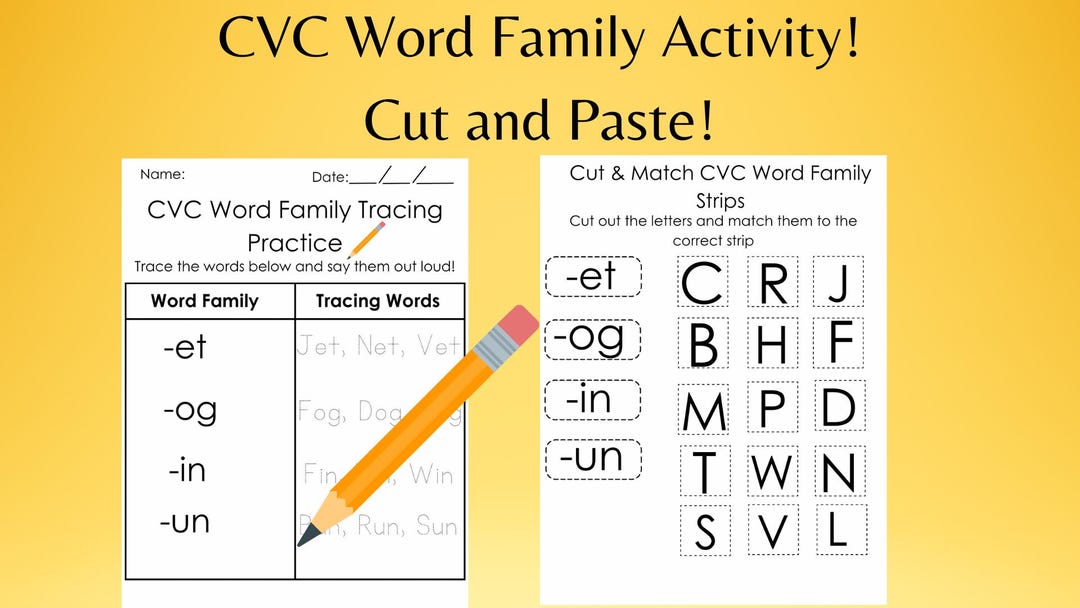 CVC Word Families Cut & Match Worksheets | Phonics Tracing Activity - Etsy