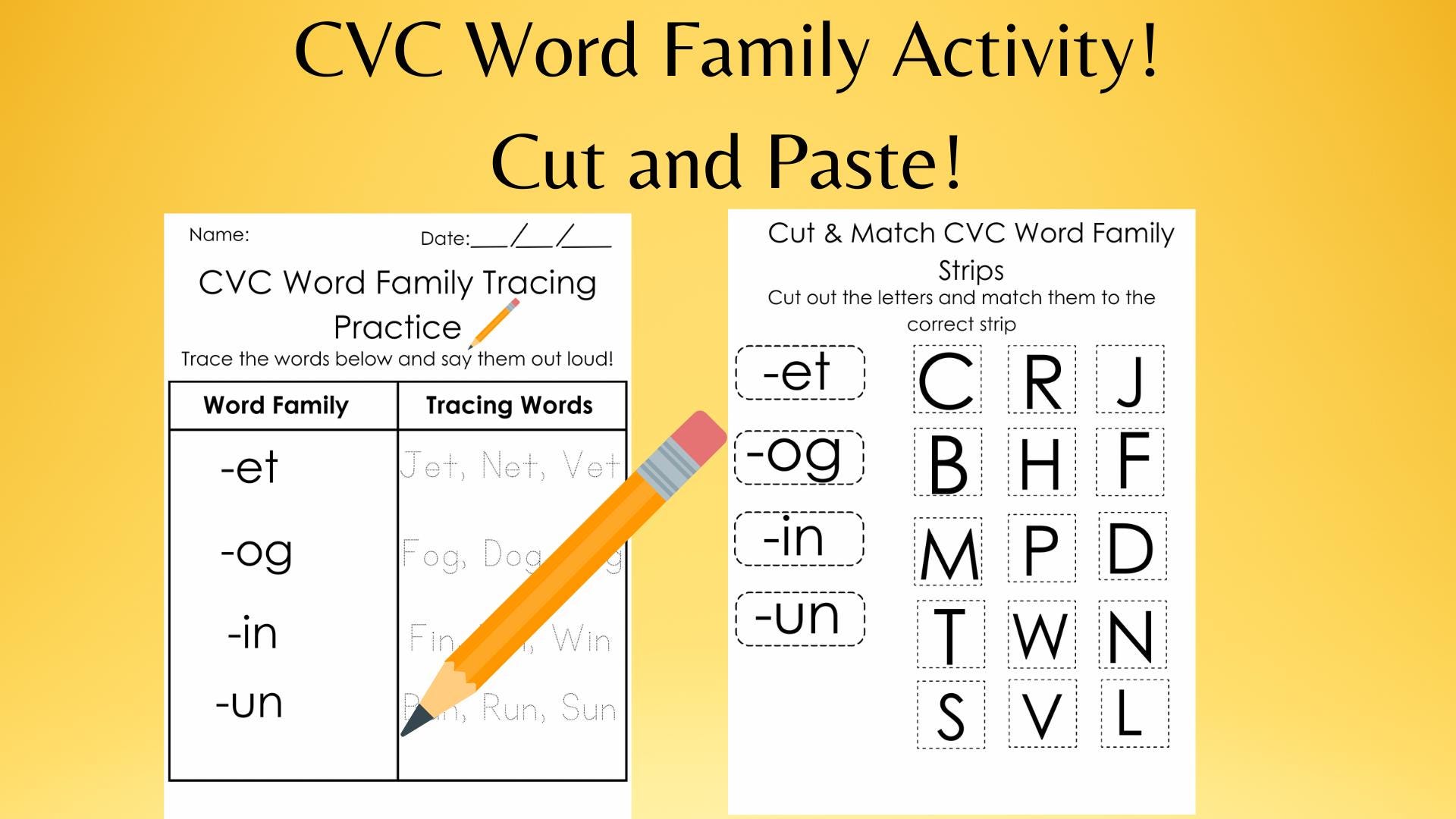 CVC Word Families Cut & Match Worksheets | Phonics Tracing Activity - Etsy