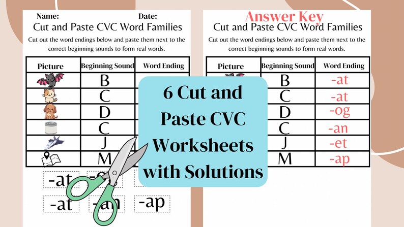 CVC Word Family Worksheets for Kindergarten | Cut and Paste Phonics ...