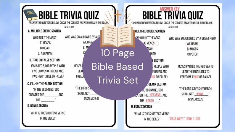 Bible Trivia Quiz Printable for Kids and Adults Bible Questions and ...