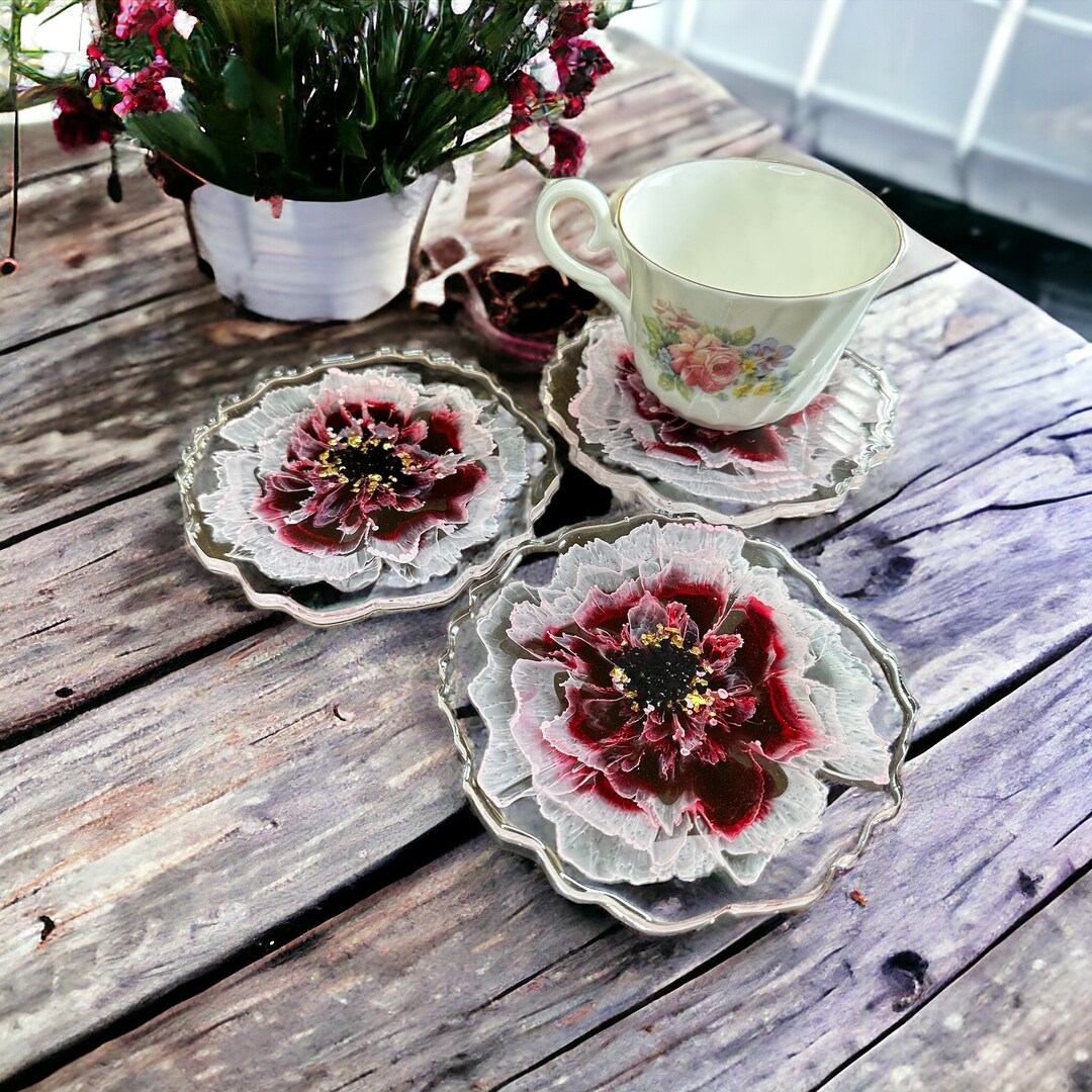 Handmade Burgundy Gold Peony Resin Coasters, Coasters Sets, Wedding ...