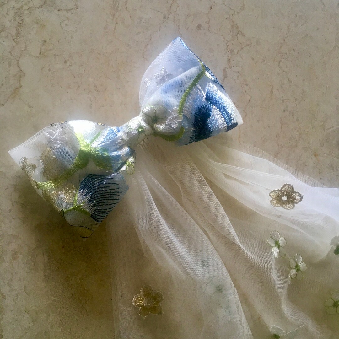 POPPY, Bow, Blue Flower Embroidered Tulle Bow, Boho Wedding Bow - Etsy