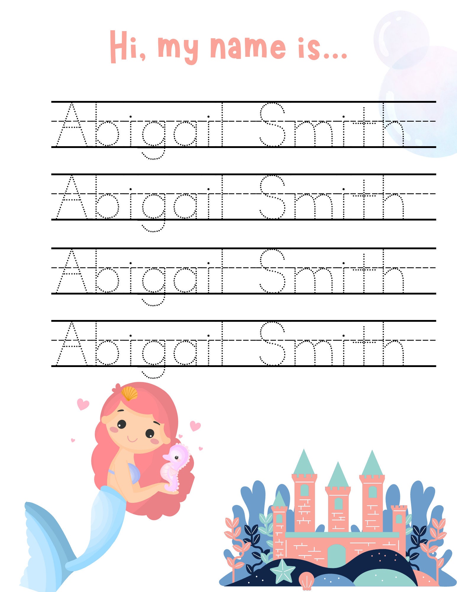 Mermaid Custom Name Tracing Sheet Handwriting Practice Personalized ...