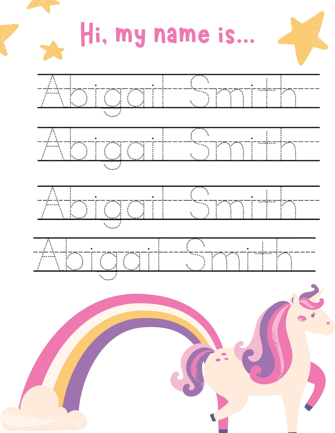 Unicorn Custom Name Tracing Sheet Handwriting Practice Personalized ...