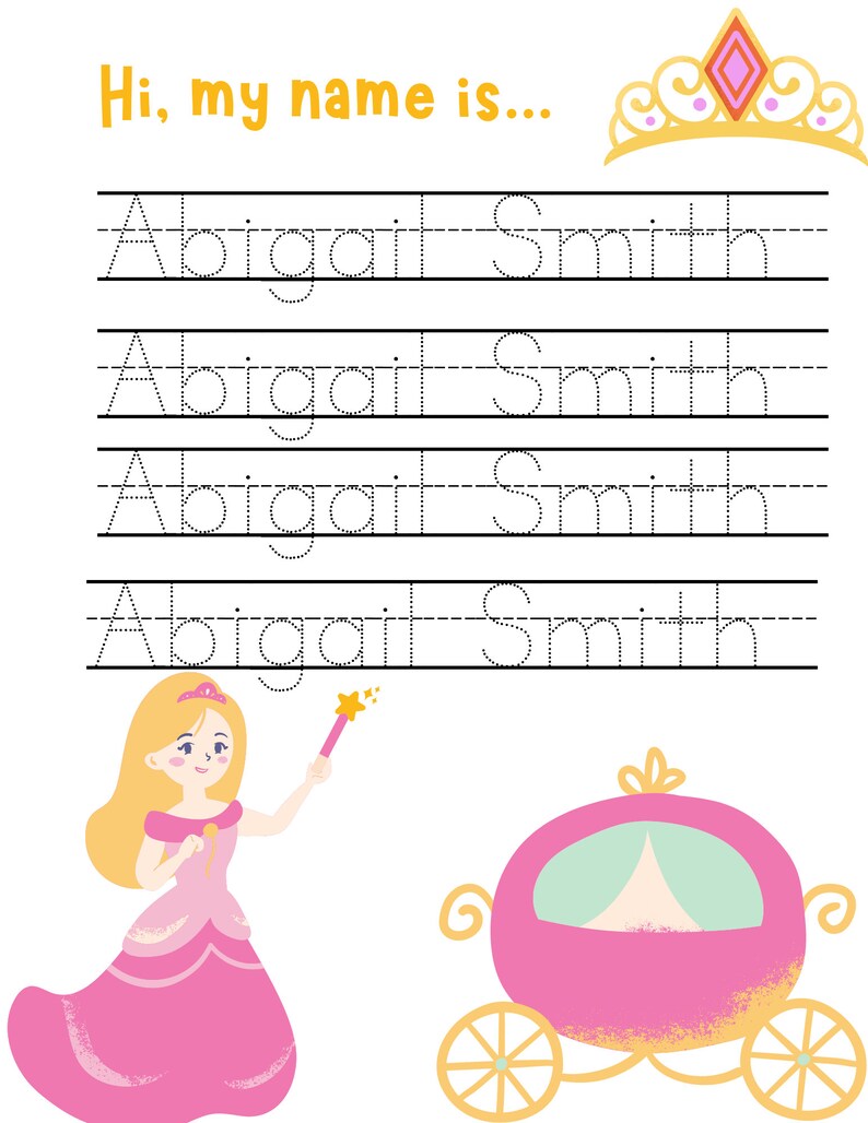 Princess Custom Name Tracing Sheet Handwriting Practice - Etsy