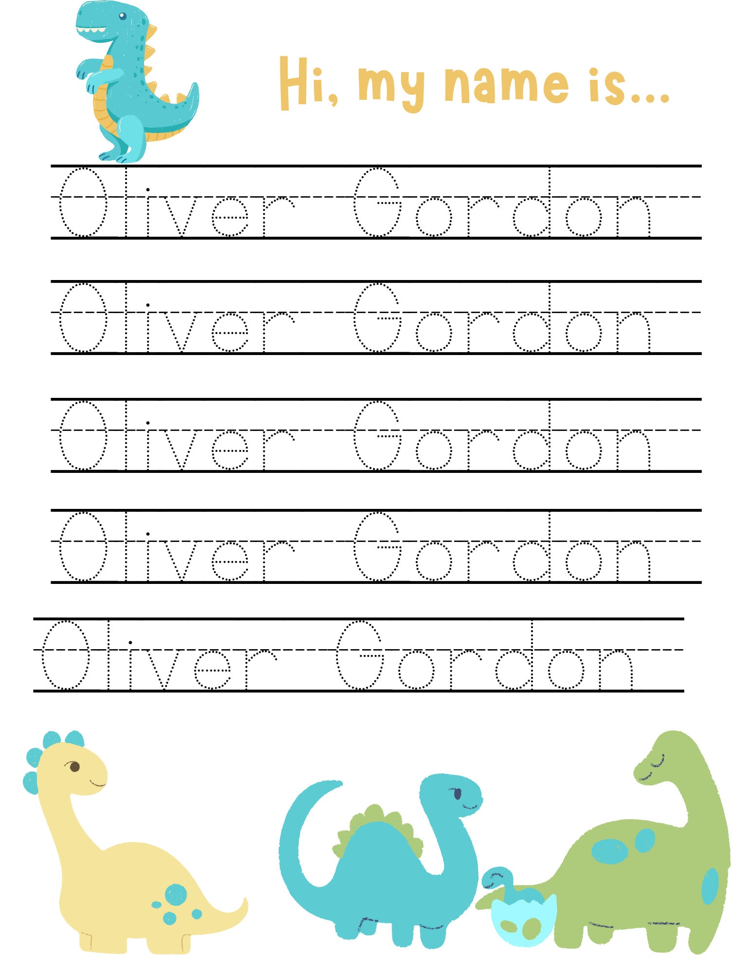Dinosaur Custom Name Tracing Worksheet: Handwriting Practice (digital ...