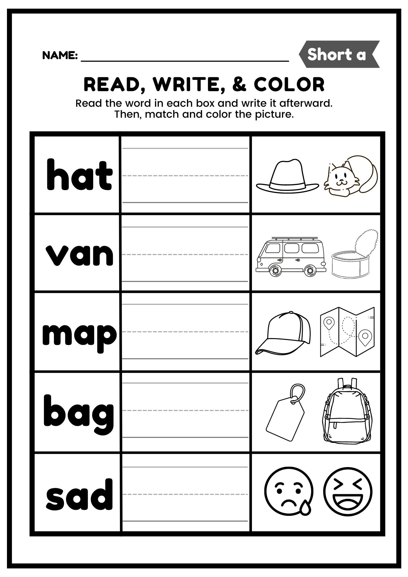 Read, Write, and Color: Short Vowels A,e,i,o,u - Etsy