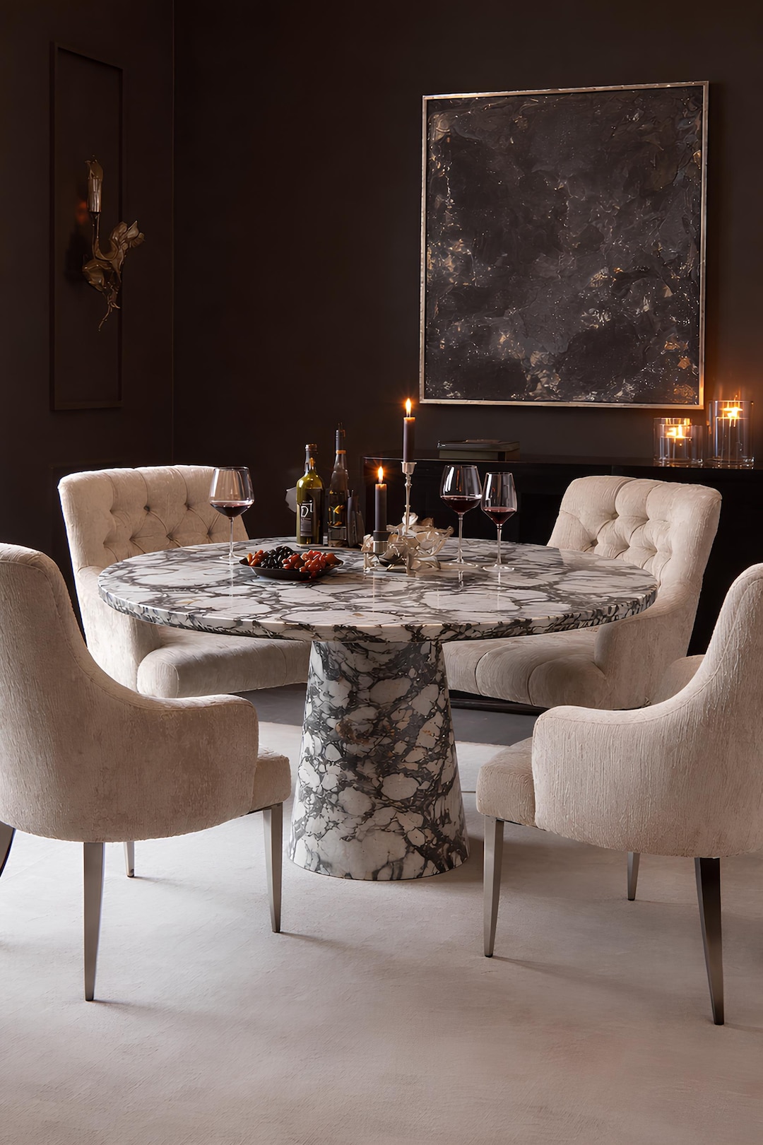 Calacatta Viola Marble Dining Table, Round Pedestal Base Italian Stone ...